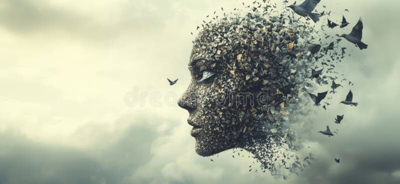 Fragmented Human Face Composed of Debris and Birds Symbolizing ...
