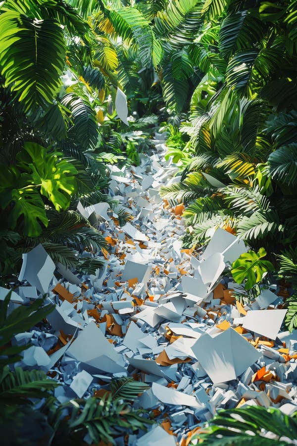 Fragmented Path through Lush Greenery and Broken Materials Stock Photo ...