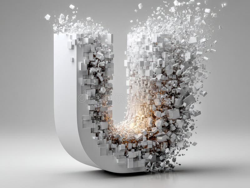 Fragmented, Semi-transparent 3D U Letter with Floating Pieces, Mid ...