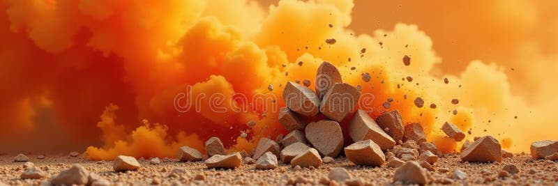 Fragmented Stone Shards Explode in Air Amidst Orange Dust Cloud Impact ...
