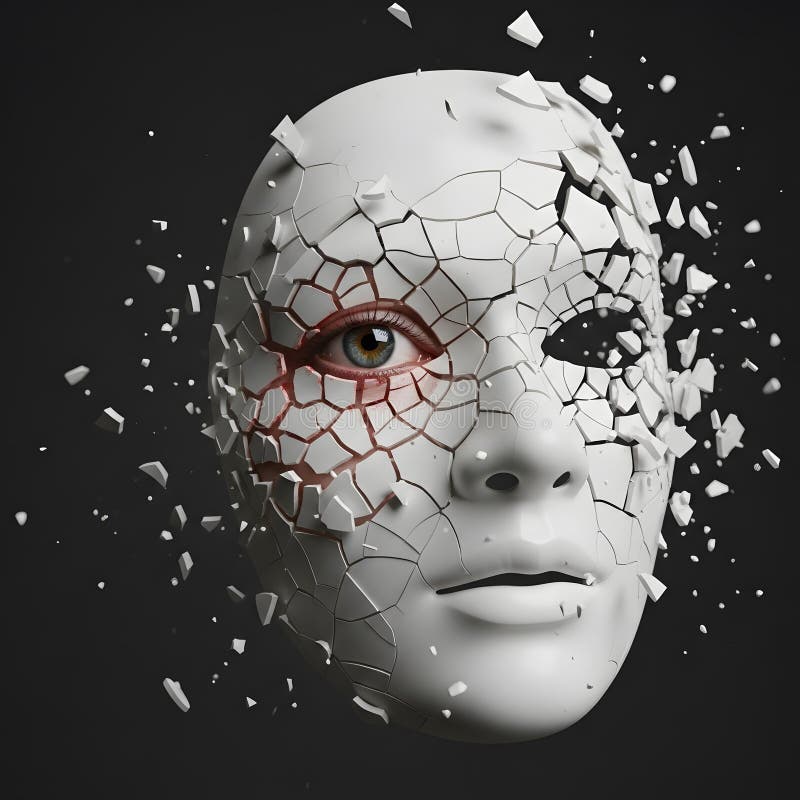 Fragmented White Mask Revealing a Realistic Eye, Symbolizing ...