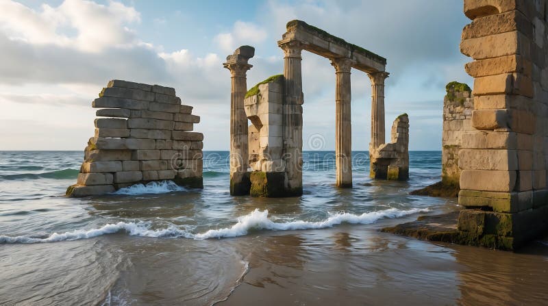 Ancient Ruins Partially Submerged in Waves Illustrating the Impact of ...