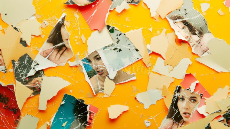 Fragments of Torn Photographs Scattered on a Bright Yellow Surface ...