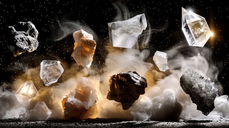 Fragments of Various Stones Hover in the Air, Enveloped by Swirling ...