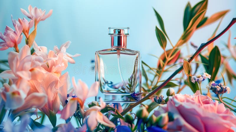 A Fragrance Bottle Surrounded with Various Summer Flowers Stock ...