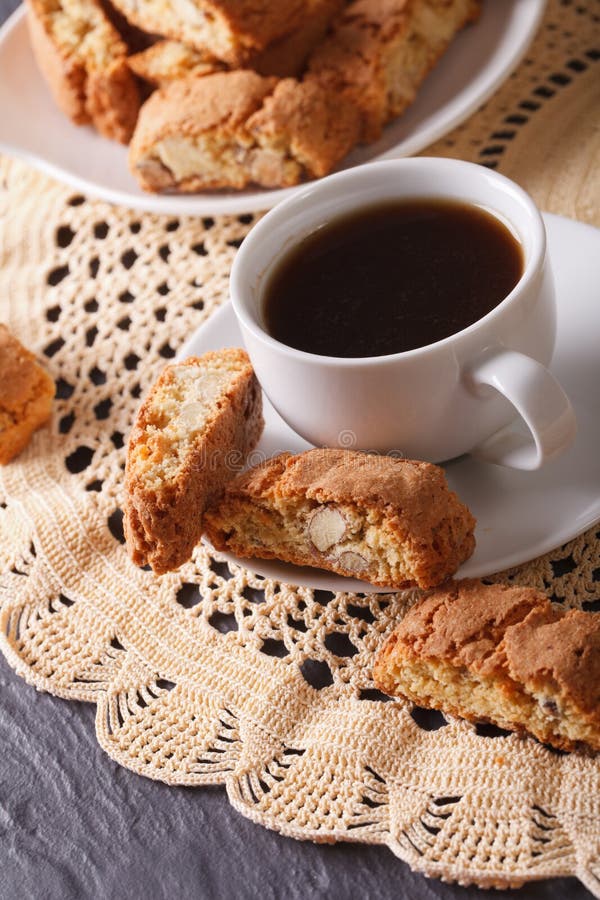 Fragrant Coffee and Italian Cookies Cantuccini Closeup. Vertical Stock ...