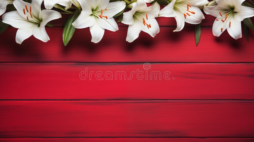 Fragrant Easter Lilies on Red Wood Ai Generated Banner Background Copy ...