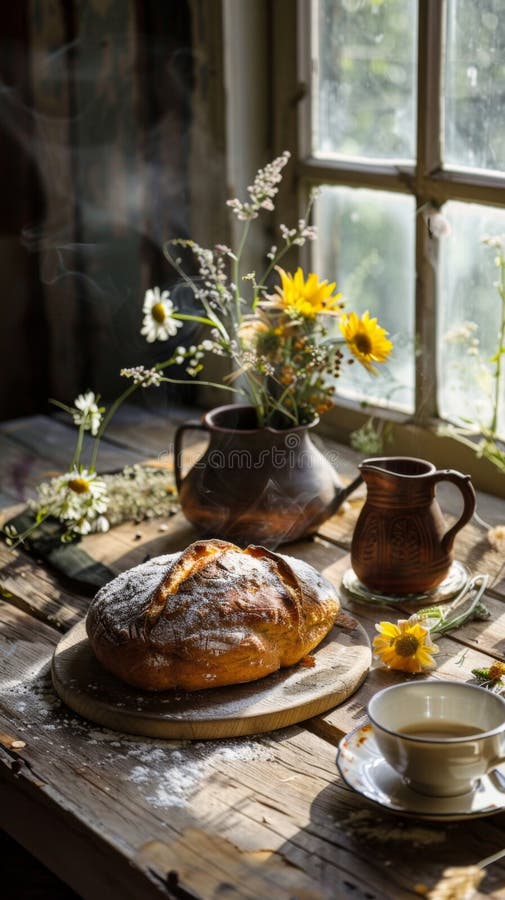 Fragrant Hot Bread on a Wooden Board Surrounded by Wild Flowers and Hot ...