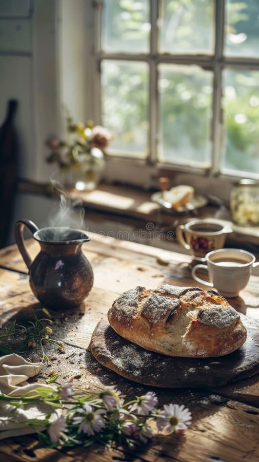 Fragrant Hot Bread on a Wooden Board Surrounded by Wild Flowers and Hot ...