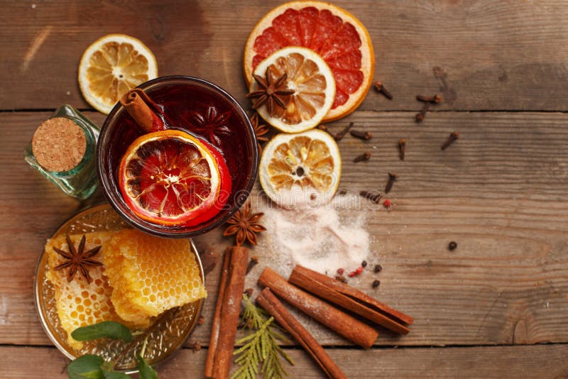 Fragrant Mulled Wine on a Wooden Table. Ingredients Stock Image - Image ...