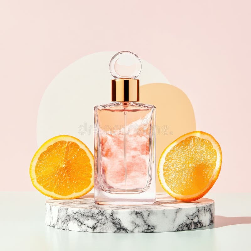 Fragrant Perfume Bottle with Fresh Orange Slices on a Marble Surface ...