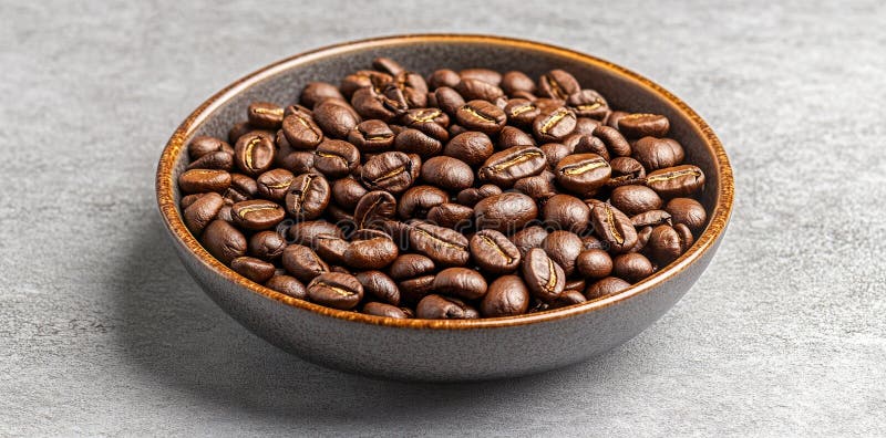 Fragrant Roasted Coffee Beans in a Tiny Metal Bowl Against a Neutral ...