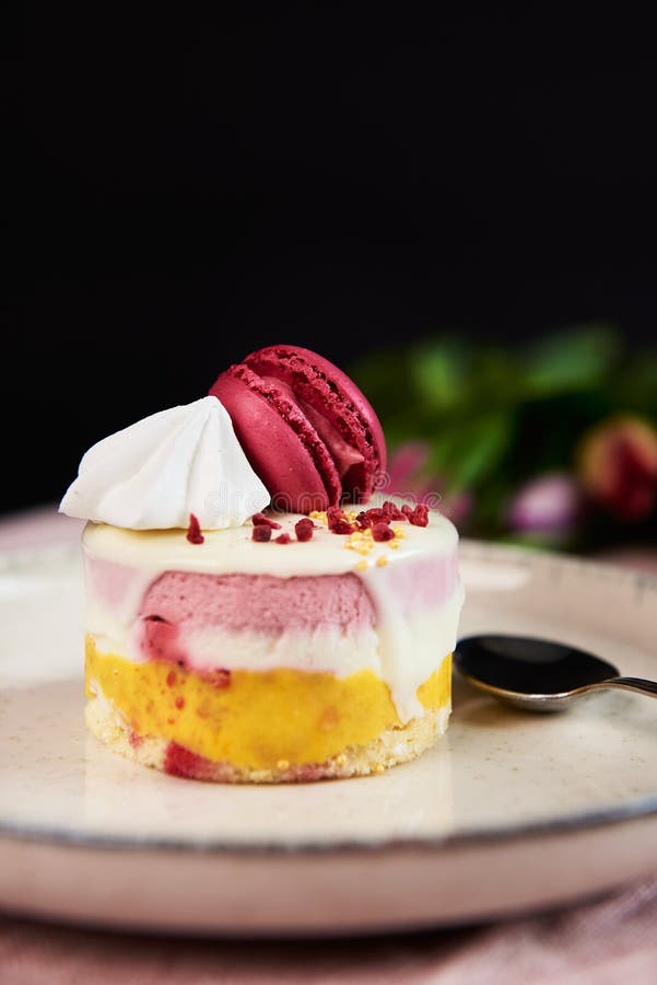 Framboise Cake with Marshmallow and Macaron Stock Photo - Image of ...
