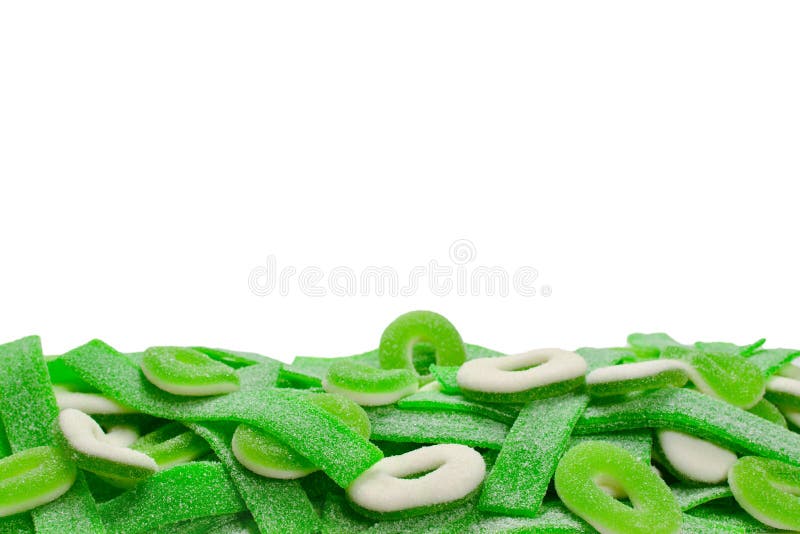 Frame of Assorted Green Gummy Candies Isolated on White. Top View ...