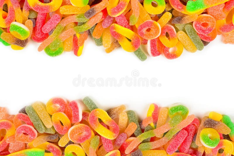 Frame of Assorted Gummy Candies Isolated on White. Top View Stock Photo ...