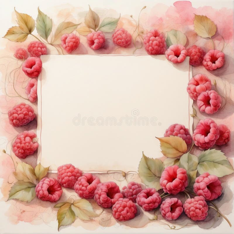 Frame of Berries and Raspberry Leaves Made in Watercolor with Copy ...