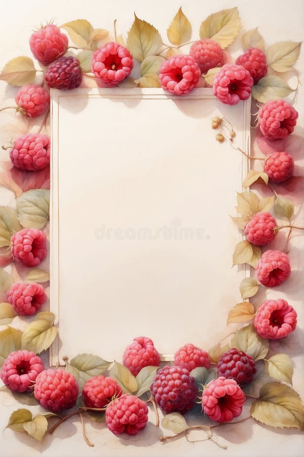 Frame of Berries and Raspberry Leaves Made in Watercolor with Copy ...