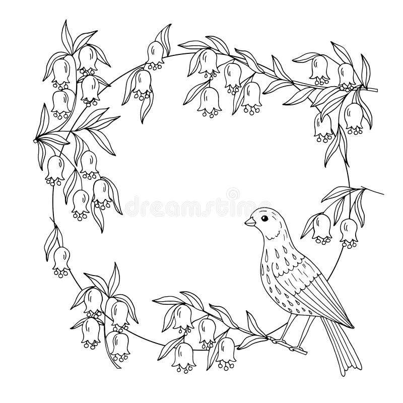 Frame with Bird and Flowering Branches, Coloring Page Stock Vector ...
