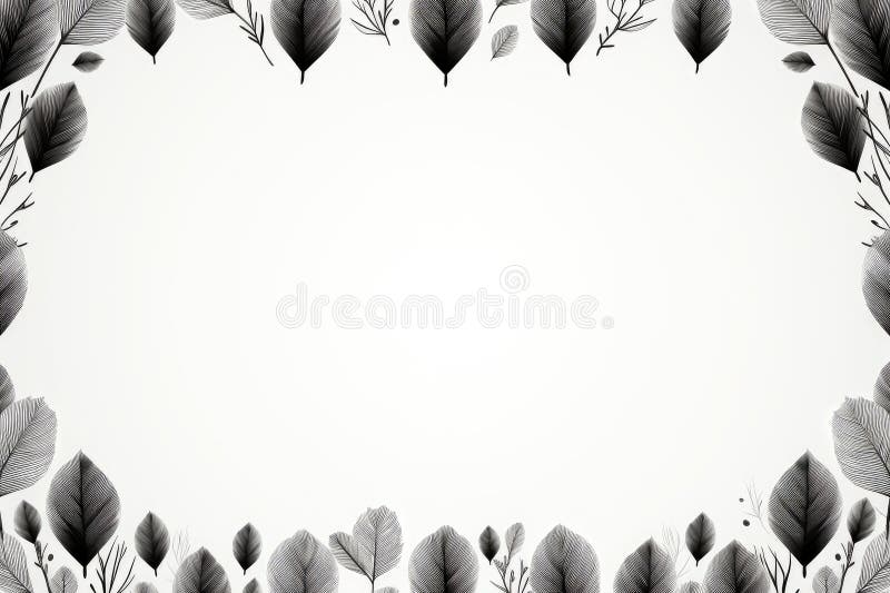 Frame of Black Feathers, Leaves and Twigs on a White Background. Border ...