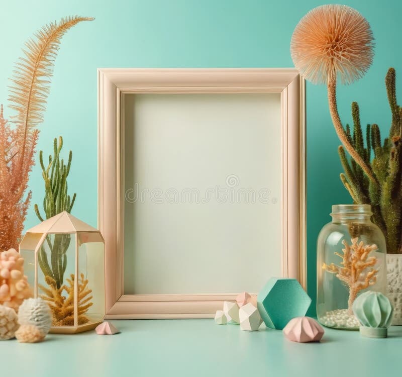 Frame with Blank Paper on Table Cactuses and Other Plants Stock ...