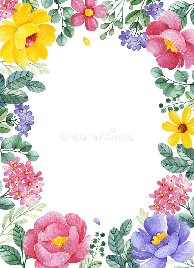 Lovely Watercolor Frame Border with Flowers,leaves and Branches Stock ...
