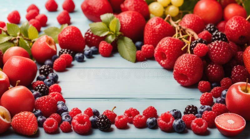 Frame Border or Edge of Red Fresh Summer Fruits with Copy Space Stock ...