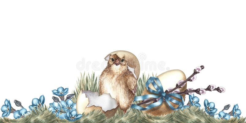 The Frame Border of Forget-me-nots, an Easter Egg and a Hatched Chicken ...