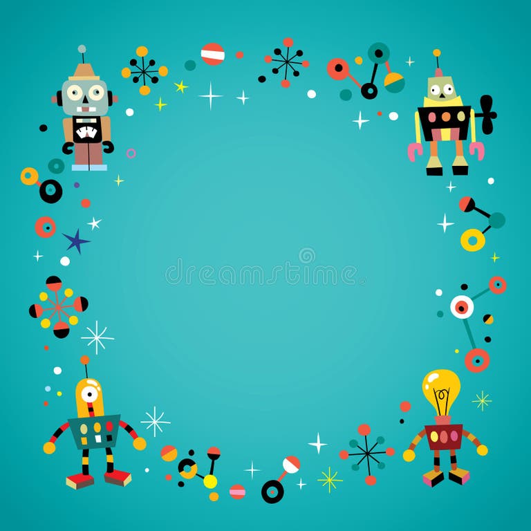 Frame Border with Retro Robots Stock Vector - Illustration of space ...