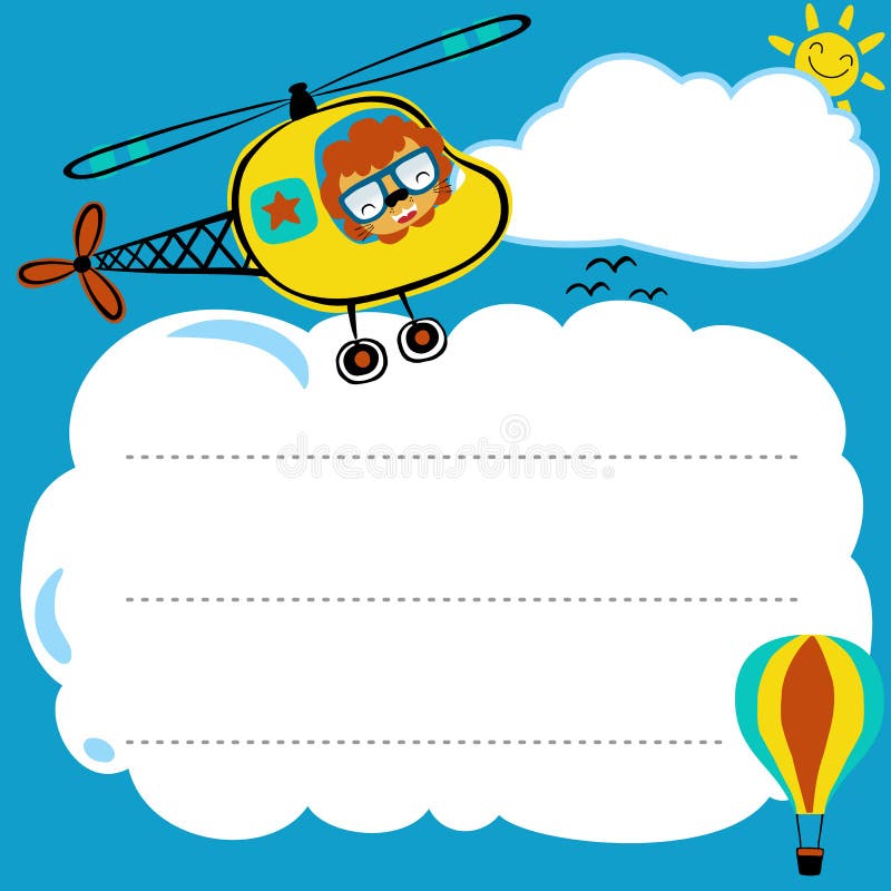 Frame Border Template of Hand Drawn Cute Lion on Helicopter Cartoon ...