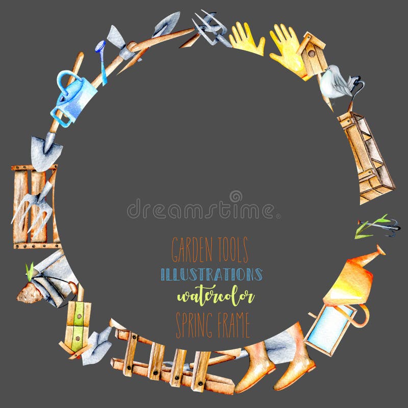 Frame Border with Watercolor Objects of Garden Tools Stock Illustration ...