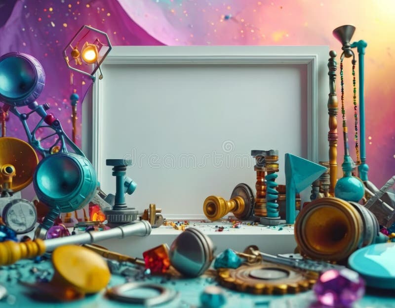 Frame with Bunch Different Objects and Blank Sign Stock Illustration ...