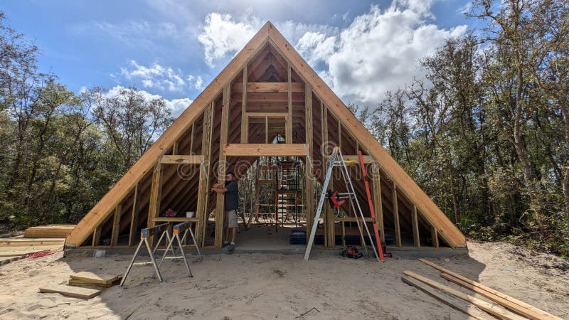 A-frame Cabin Construction in Forest Stock Image - Image of project ...