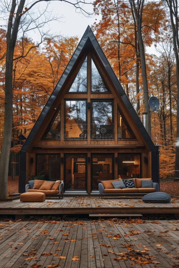 A-Frame Cabin with Deck in Autumn Woods Stock Photo - Image of cozy ...