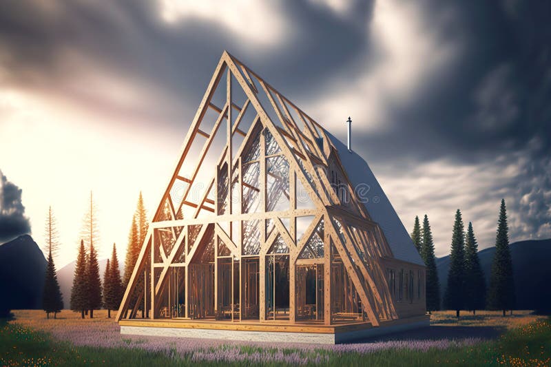 A-frame Cabin Made of Light Wood with Unfinished Architectural Elements ...
