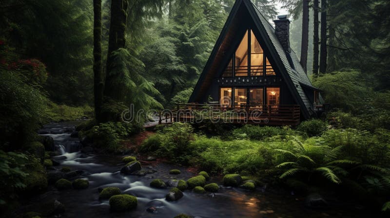 An a-frame Cabin in the Middle of a Lush Forest with a Stream. Stock ...
