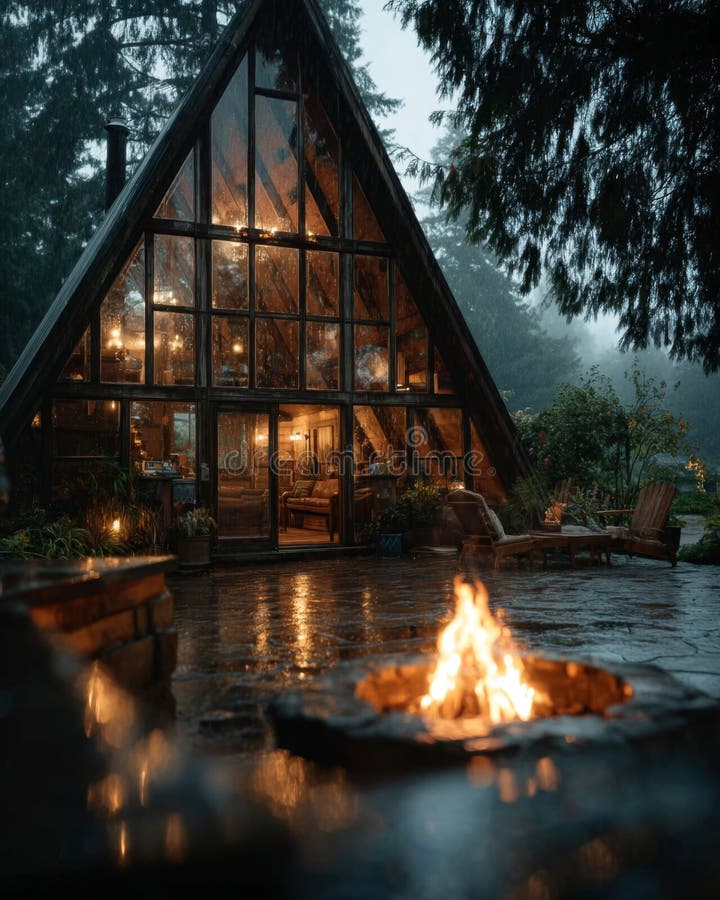 A-Frame Cabin in the Rain with Cozy Fire Stock Illustration ...