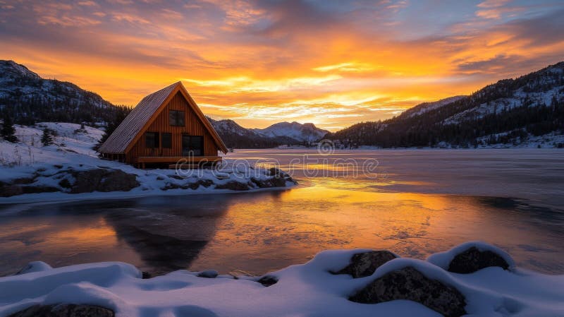 A-frame Cabin at Sunset Over a Frozen Lake Stock Illustration ...