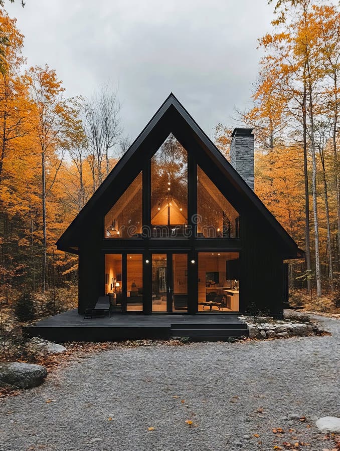 A-frame Cabin in the Woods Surrounded by Trees in the Fall Stock Photo ...
