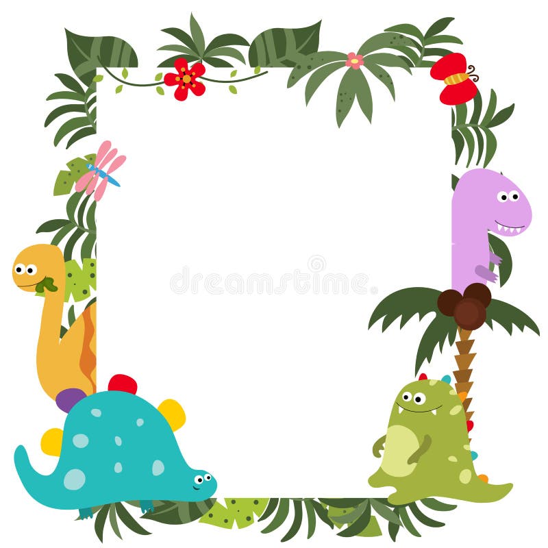 Frame with Cartoon Dinosaurs Stock Vector - Illustration of grass ...