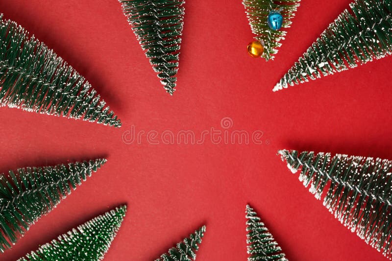 Frame from Christmas Trees on Red Background. Creative Winter Card ...