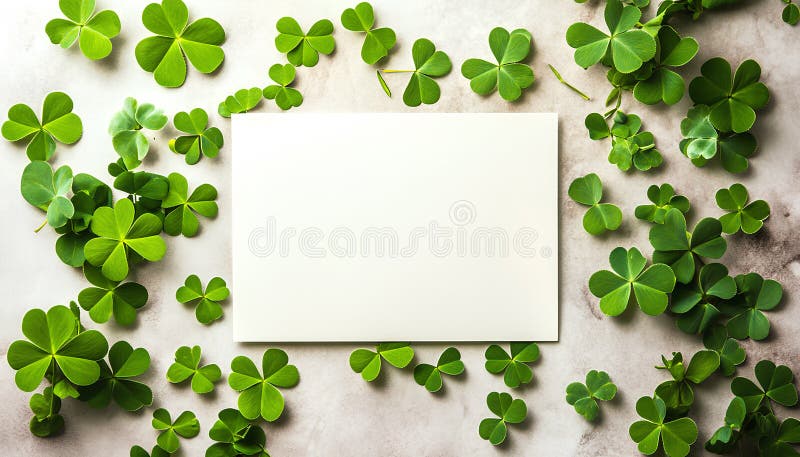 Frame of Clover Leaves and Blank Card on Light Table, Flat Lay with ...
