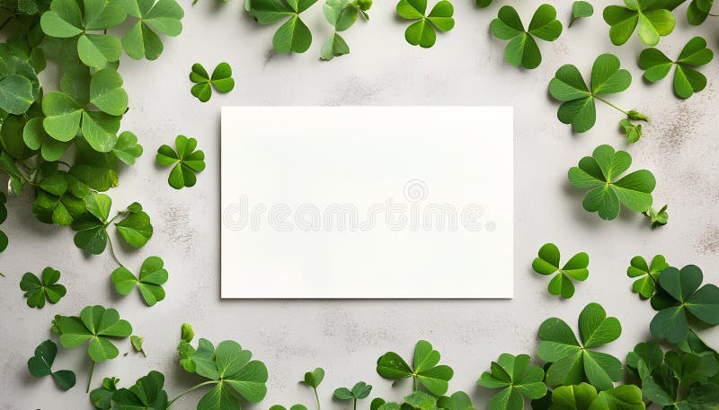 Frame of Clover Leaves and Blank Card on Light Table, Flat Lay with ...