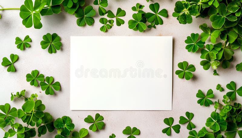 Frame of Clover Leaves and Blank Card on Light Table, Flat Lay with ...