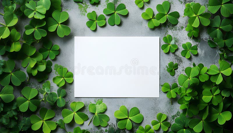 Frame of Clover Leaves and Blank Card on Light Table, Flat Lay with ...