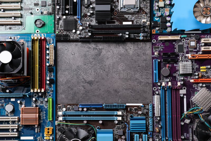Frame of Computer Motherboards on Grey Table, Flat Lay with Space for ...