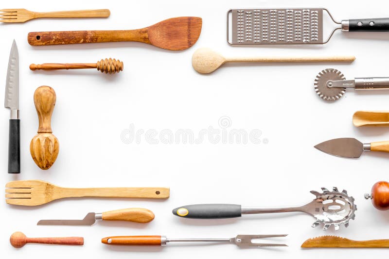 Frame of Cookware for Chef Work on White Background Top View Space for ...