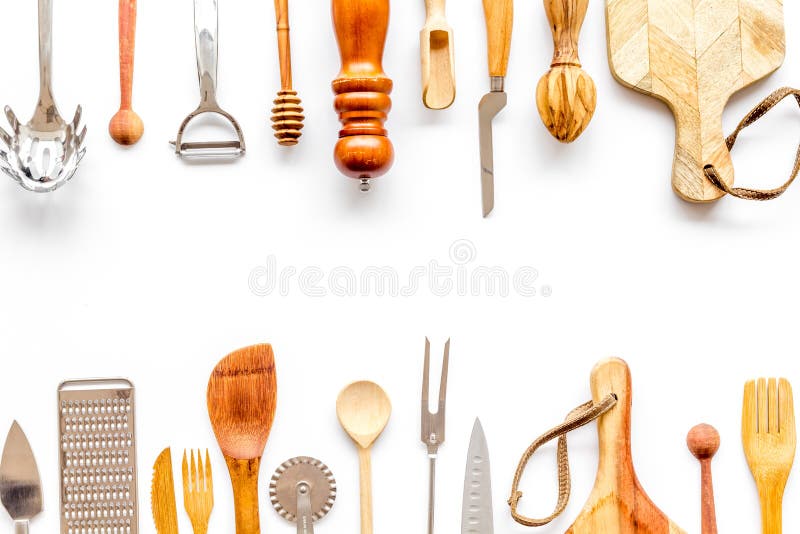 Frame of Cookware for Chef Work on White Background Top View Space for ...