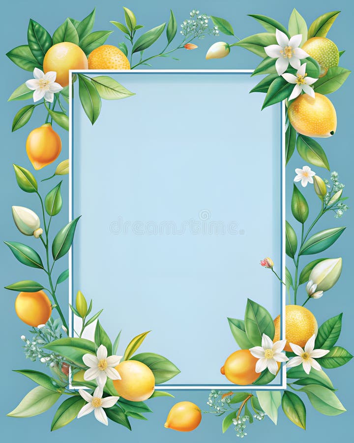 A Frame Decorated with Lemons and Flowers Against a Blue Backdrop Stock ...