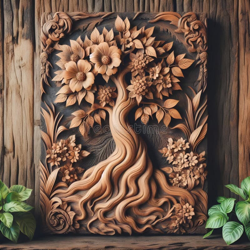 Frame Decoration Wood Carving Tree Flowers Stock Illustration ...