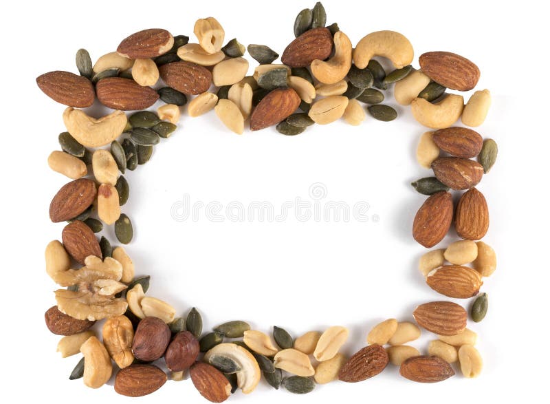 Frame from Different Nuts on White Background, Top View Stock Photo ...